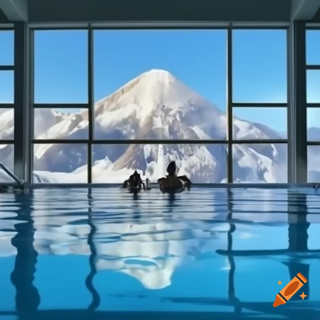 Indoor pool view of snow mountain with two swimmers in Pixar style on ...