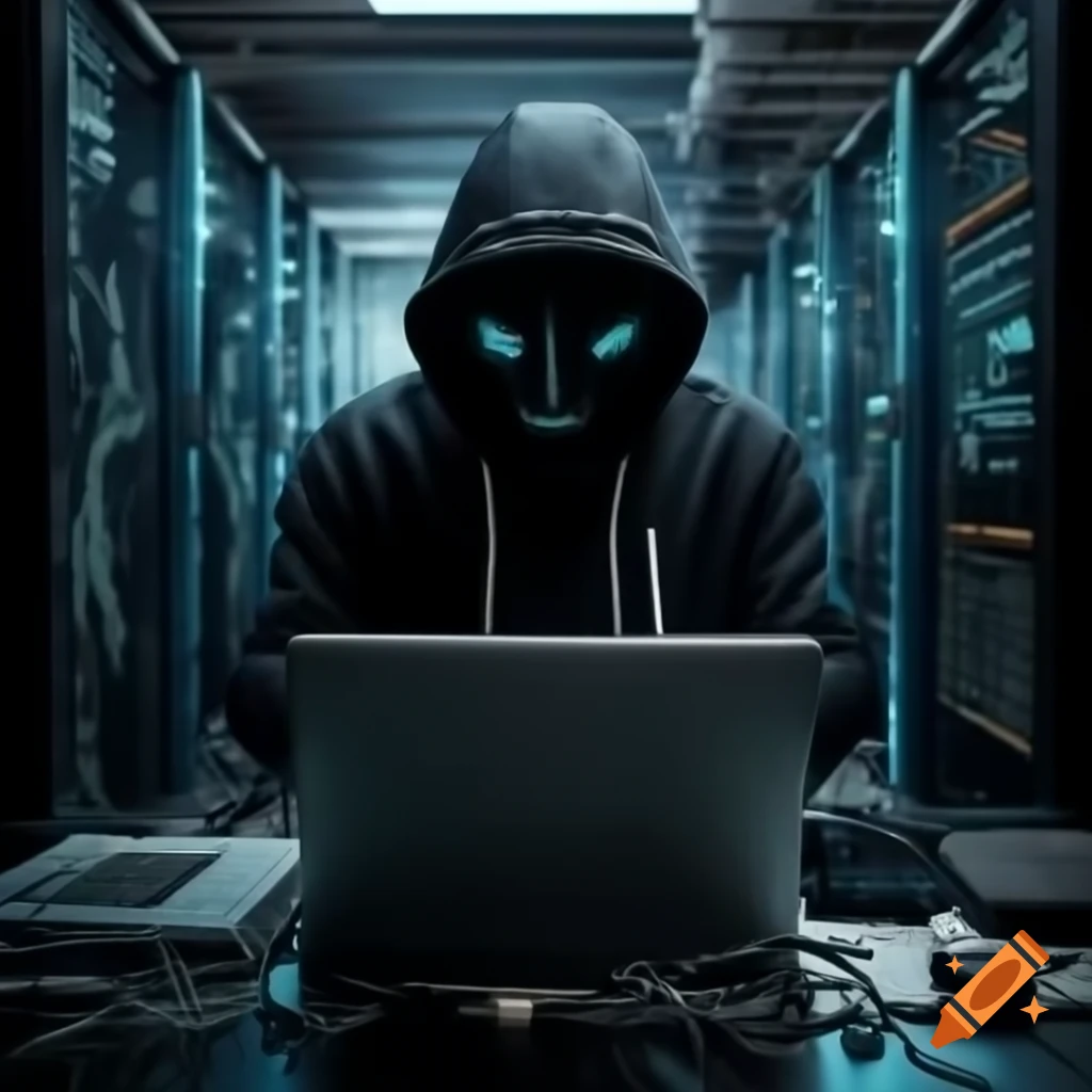 Hacker in hoodie working inside computer with wires and monitors ...