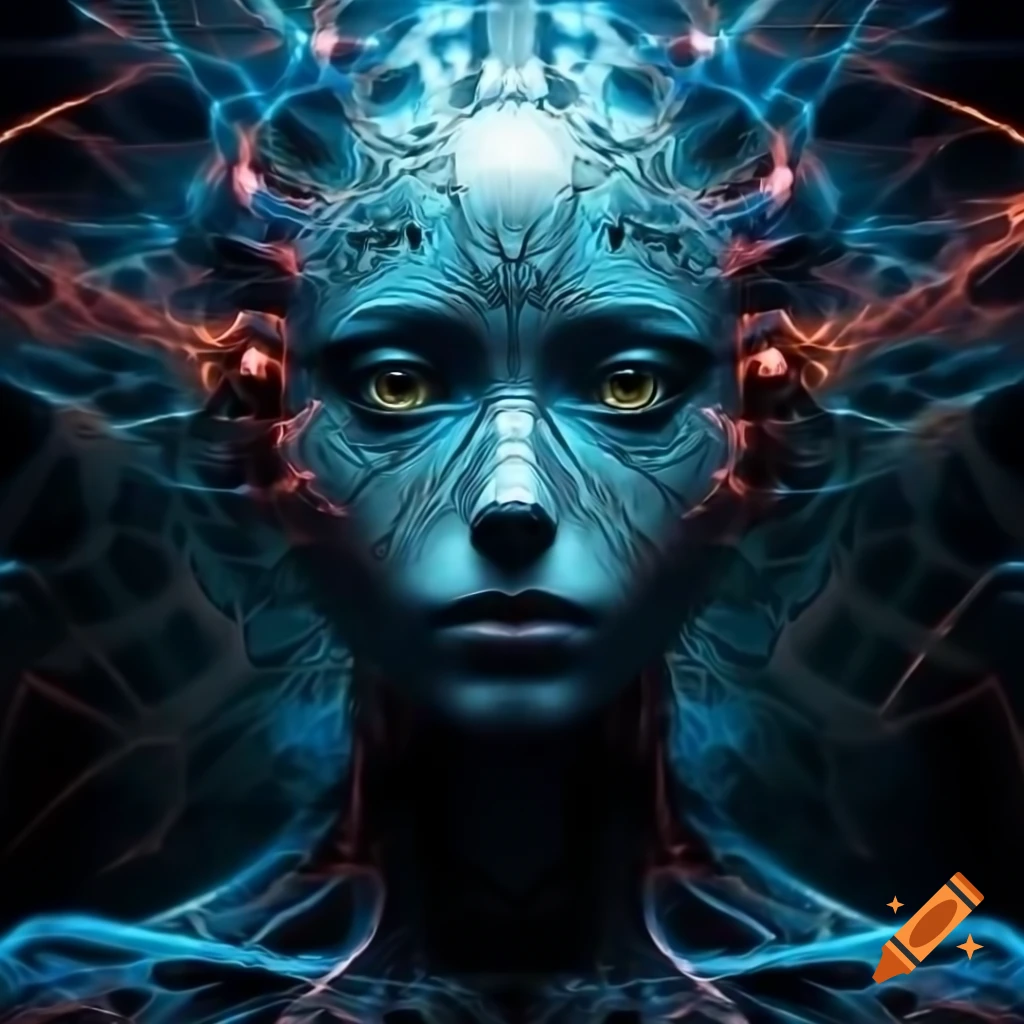 Abstract humanoid figure representing artificial intelligence with circuits and glowing patterns ...