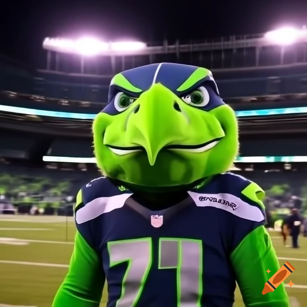 Seattle Seahawks mascot in uniform posing at Lumen Field on Craiyon