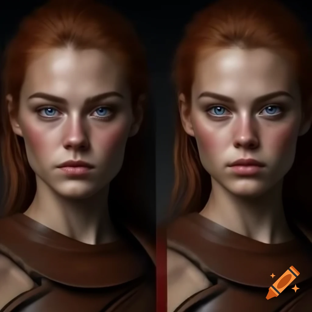 Two warrior women with scars and piercing blue eyes in leather armor on ...