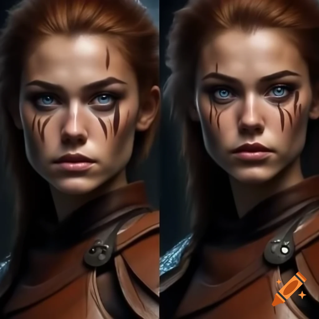 Two warrior women with scars and piercing blue eyes in leather armor on ...