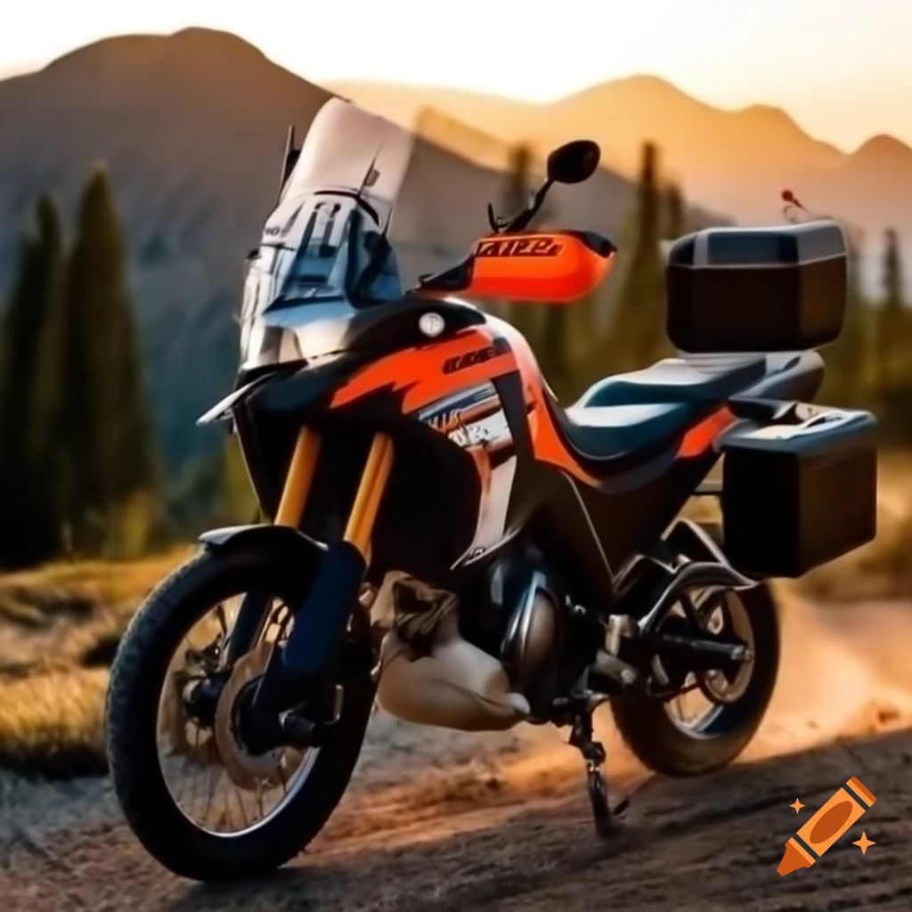 Modern adventure motorcycle parked on gravel trail with mountains and ...