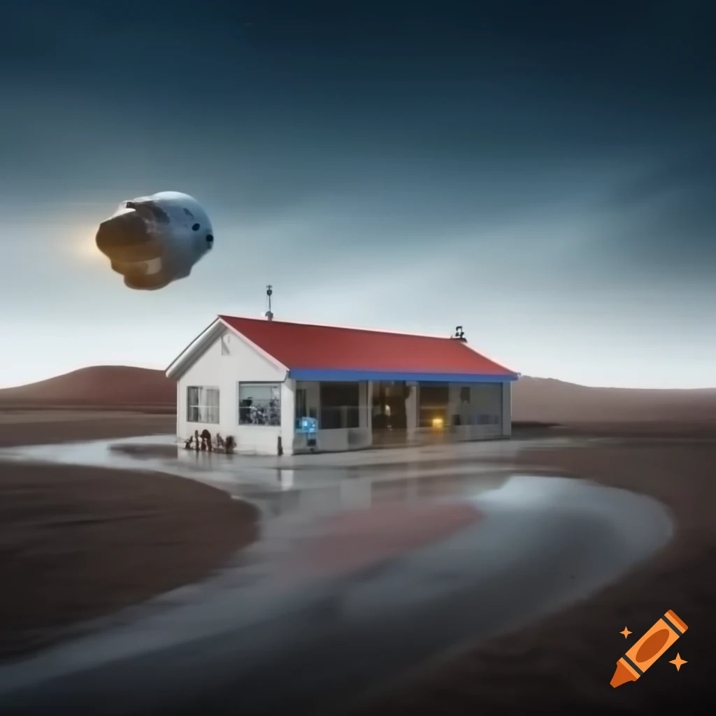 Colorful gas station on tiny asteroid with rural house on another ...