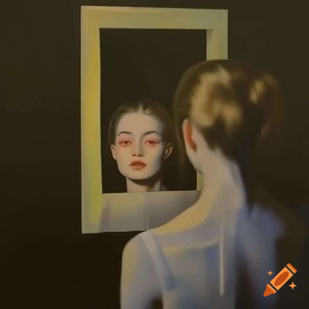 Photorealistic person looking into mirror with distorted reflection on Craiyon