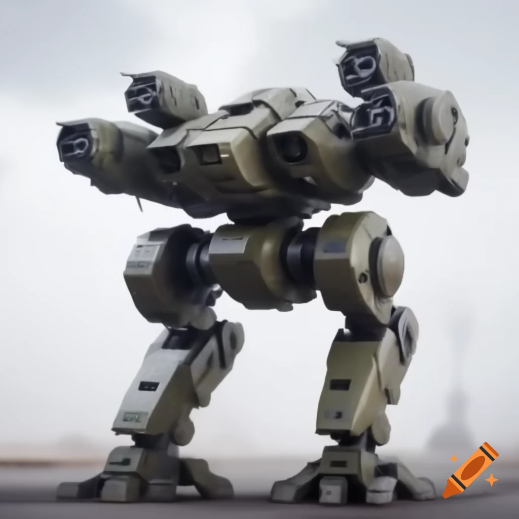 Heavily armored bipedal battle mech with military-inspired design and ...
