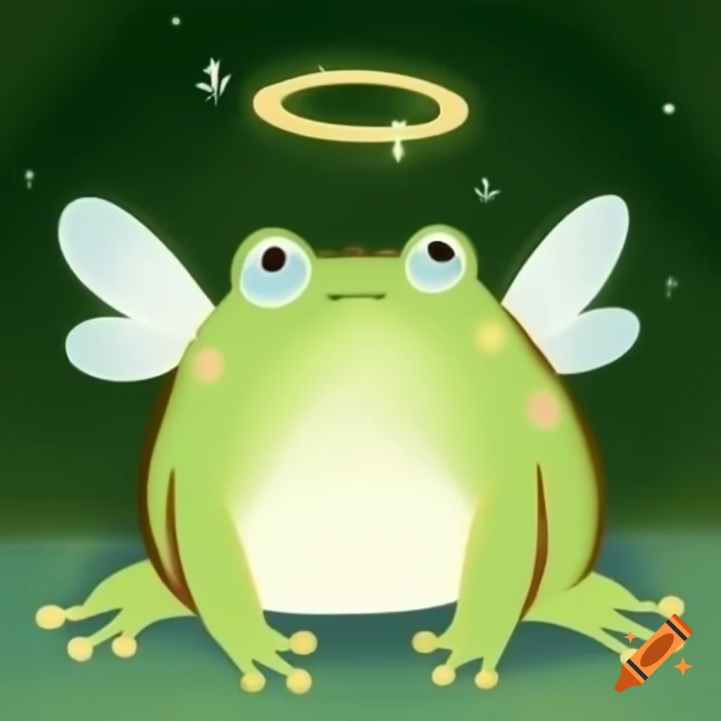 Cartoon frog with angel wings and halo, big blue eyes on Craiyon