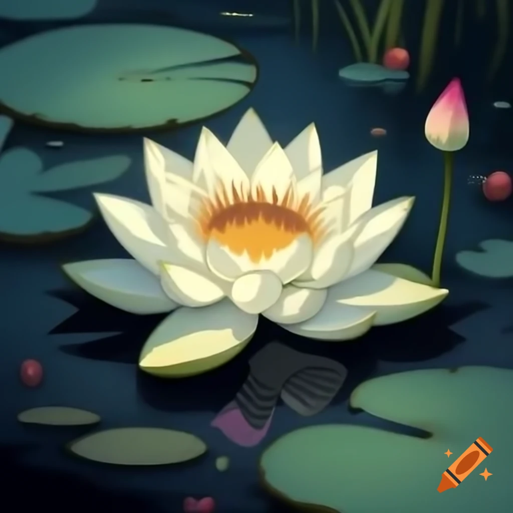 Cute lotus flower character with expressive eyes in a dirty pond on Craiyon