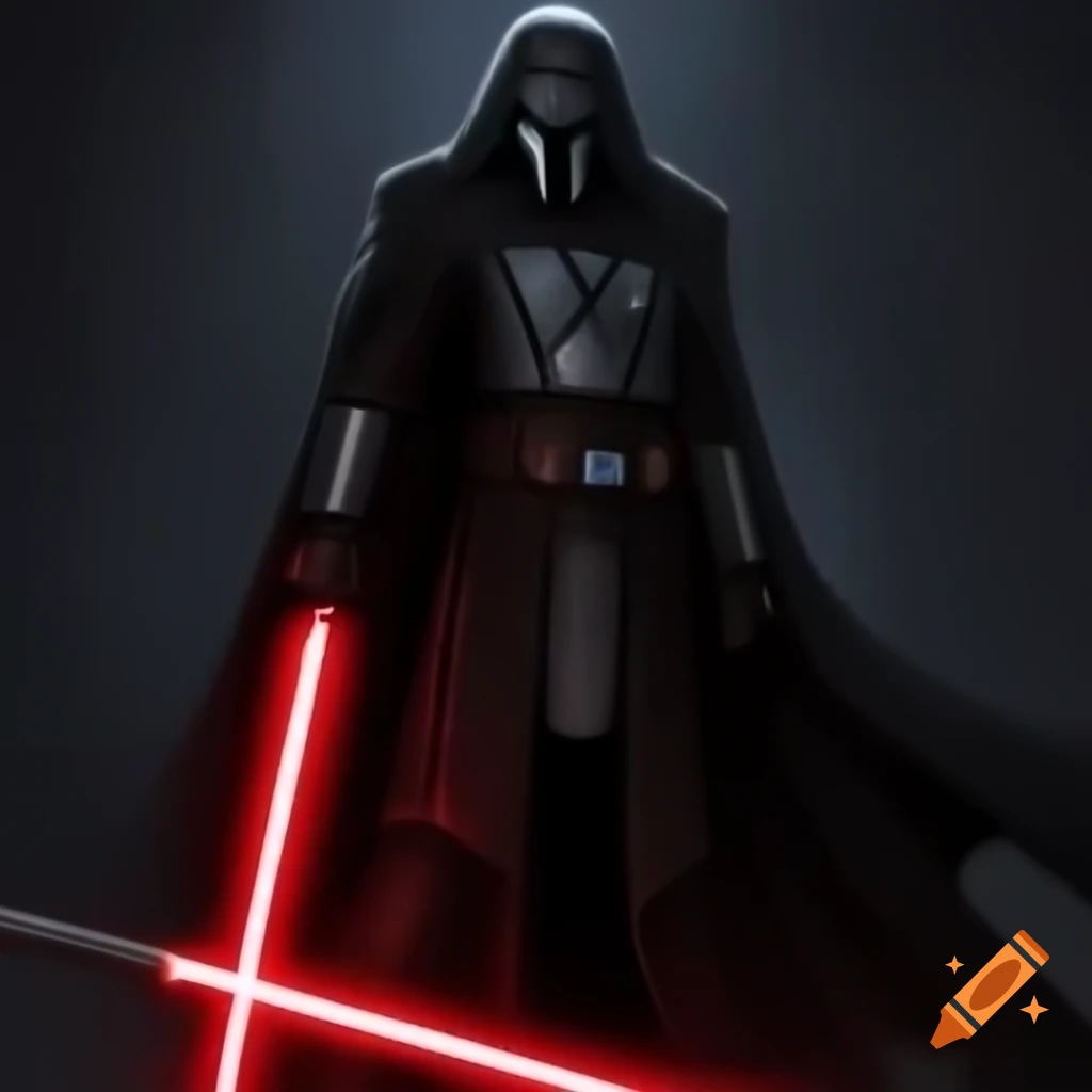Sith in black robes and hooded cloak holding red lightsaber on Craiyon