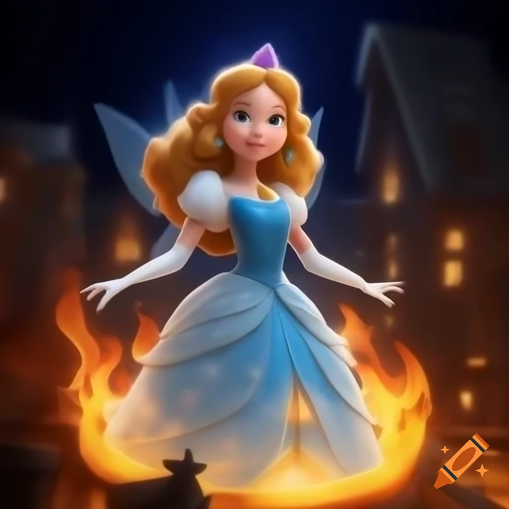 Princess with fairy-like features in blue dress casting fire magic on ...