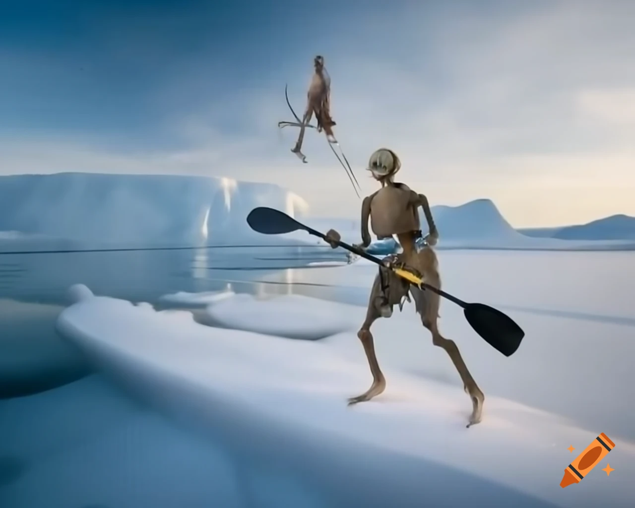 Kayaker leaping out of kayak, fishing rod in hand near white coral ...