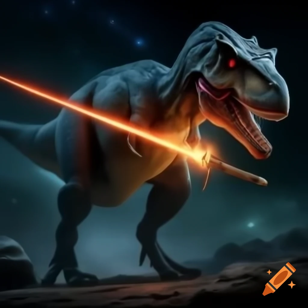T-Rex roaring with glowing energy sword in prehistoric galaxy on Craiyon