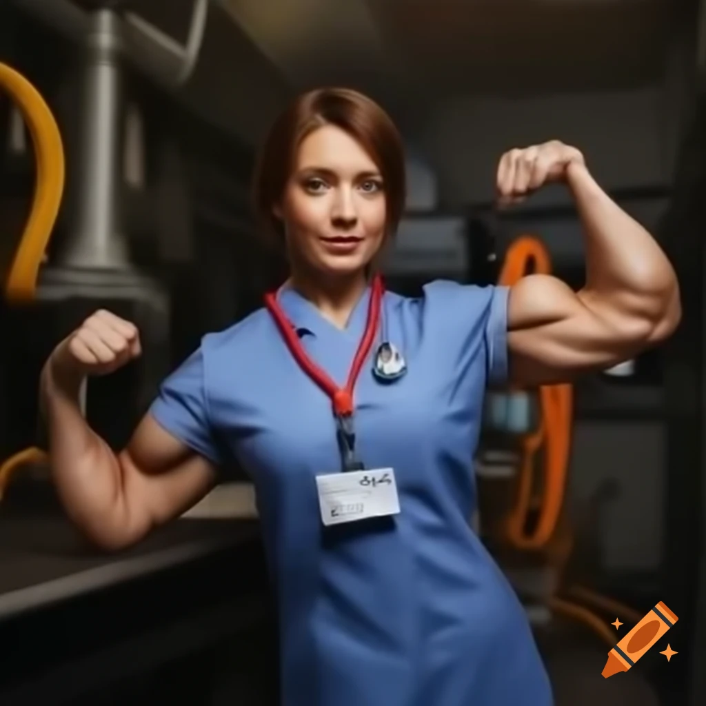 Muscular nurse demonstrating strength on Craiyon