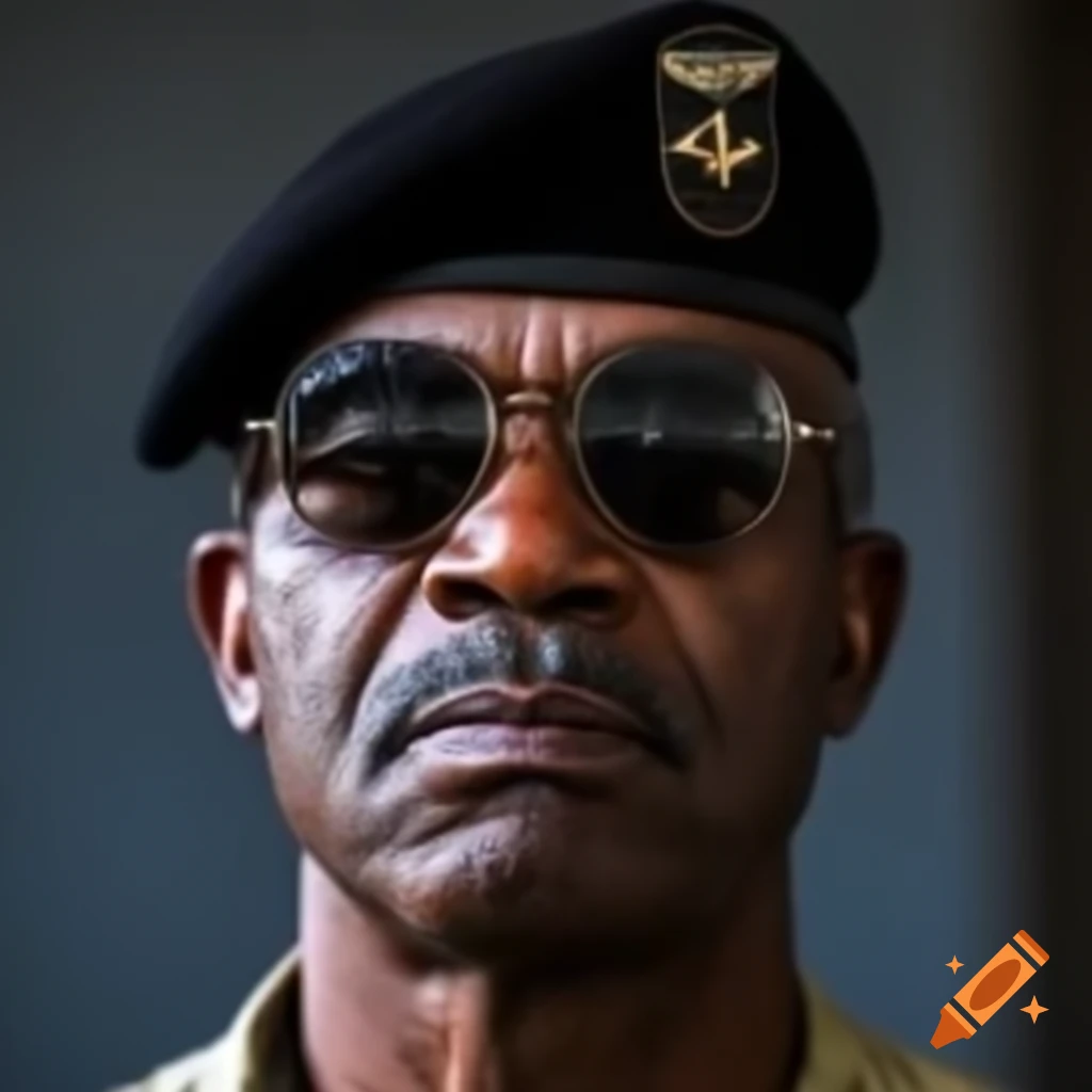 Paramilitary member in black t-shirt and beret with sunglasses on Craiyon