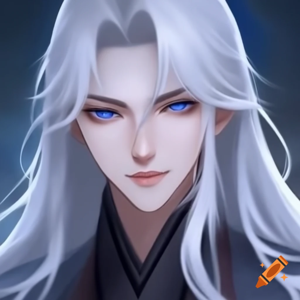 Young male protagonist Jing Jiu with blue eyes and white hair from One ...