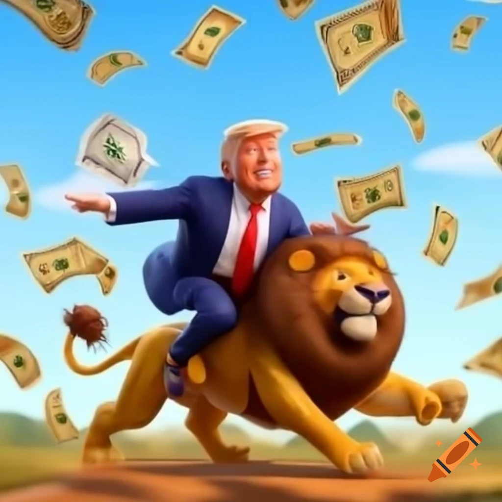 Trump riding a lion throwing paper money with a whiptail on Craiyon