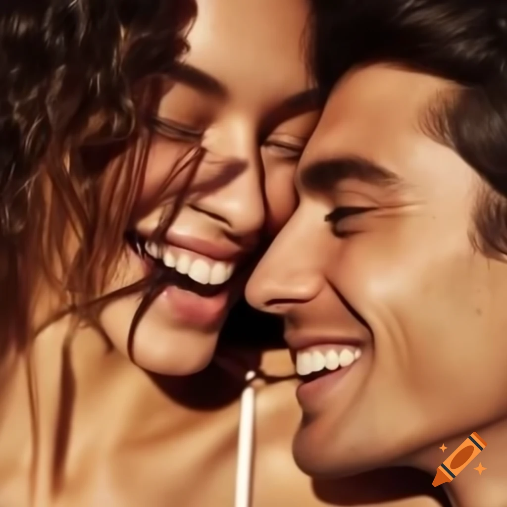 Supermodel couple in Mediterranean setting sharing a kiss under bright ...