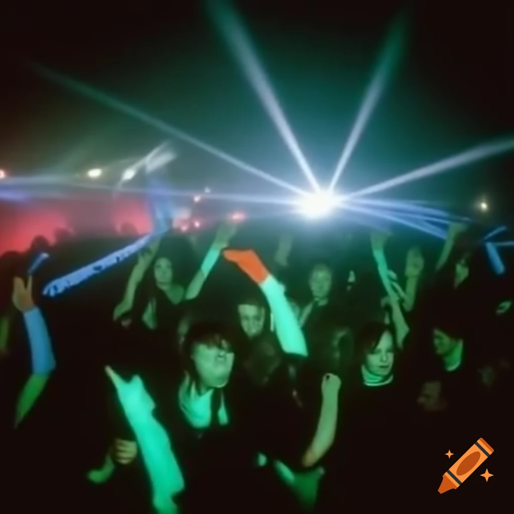 1992 UK rave scene with dancers in white gloves under laser light show ...