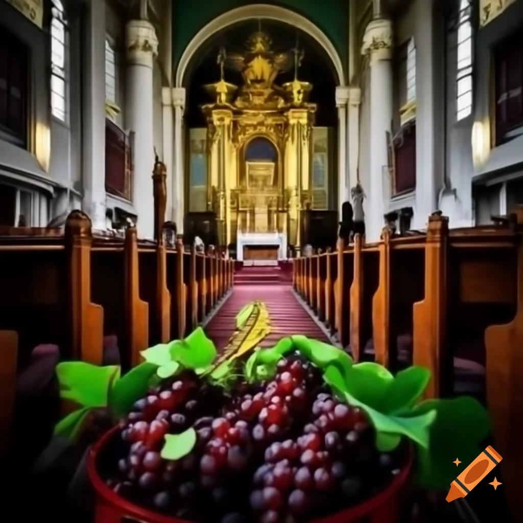 Church interior featuring golden pulpit, red grapes, and sparse ...