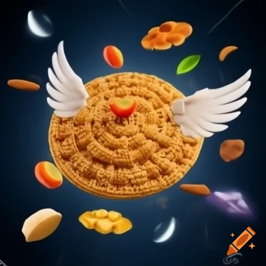 Chakli snack with wings flying in astral sky with other snacks on Craiyon