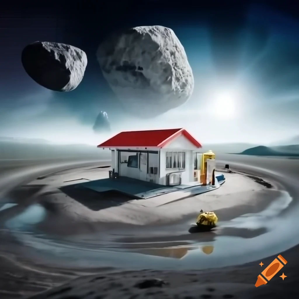 Colorful gas station on tiny asteroid with rural house on another ...