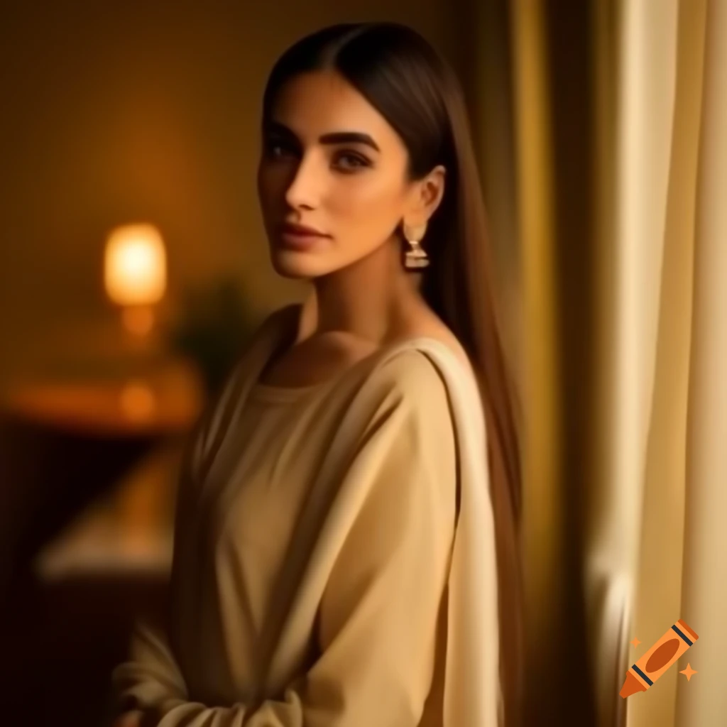 Photorealistic indoor portrait of a beautiful Pakistani woman with tan ...