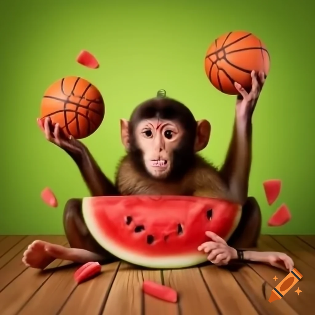 Monkey eating watermelon with Kool-Aid and basketball, featuring ...