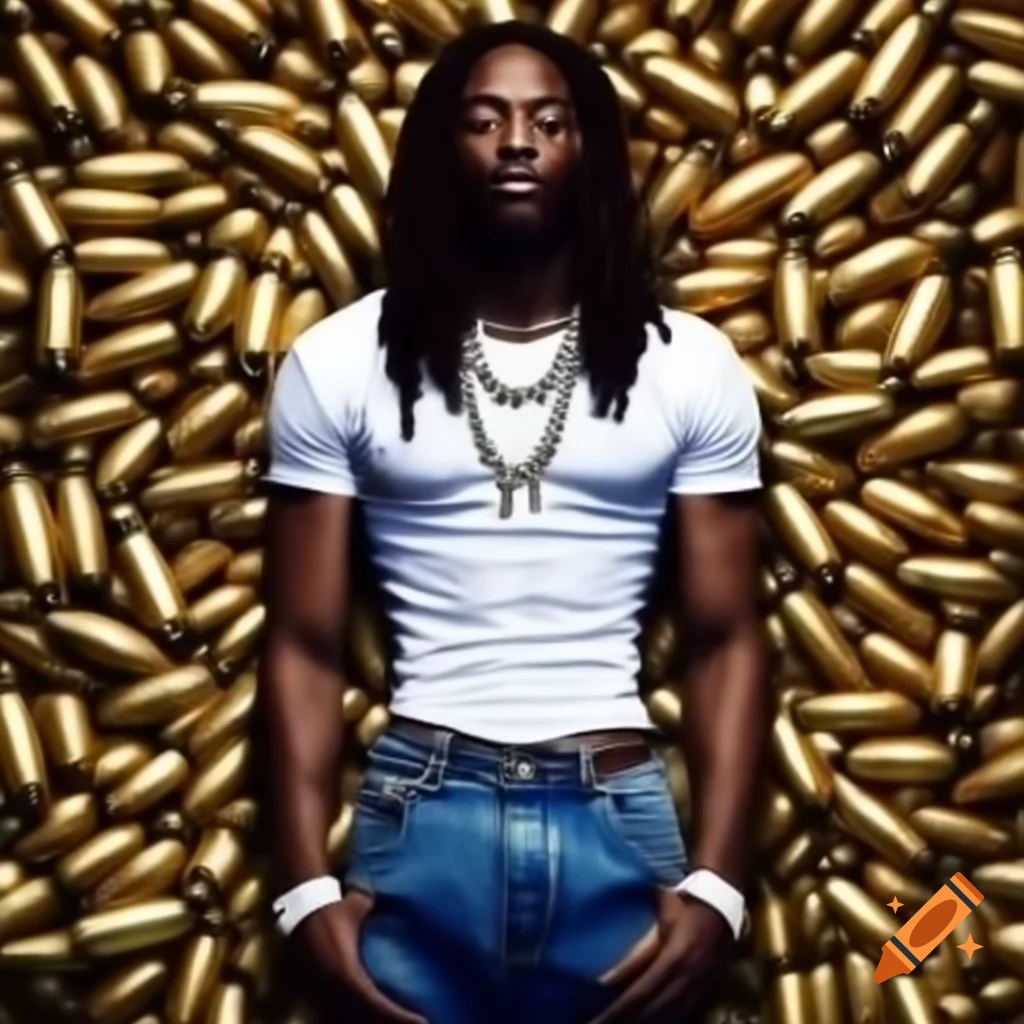 Person with dreads in casual wear standing on large bullet on Craiyon