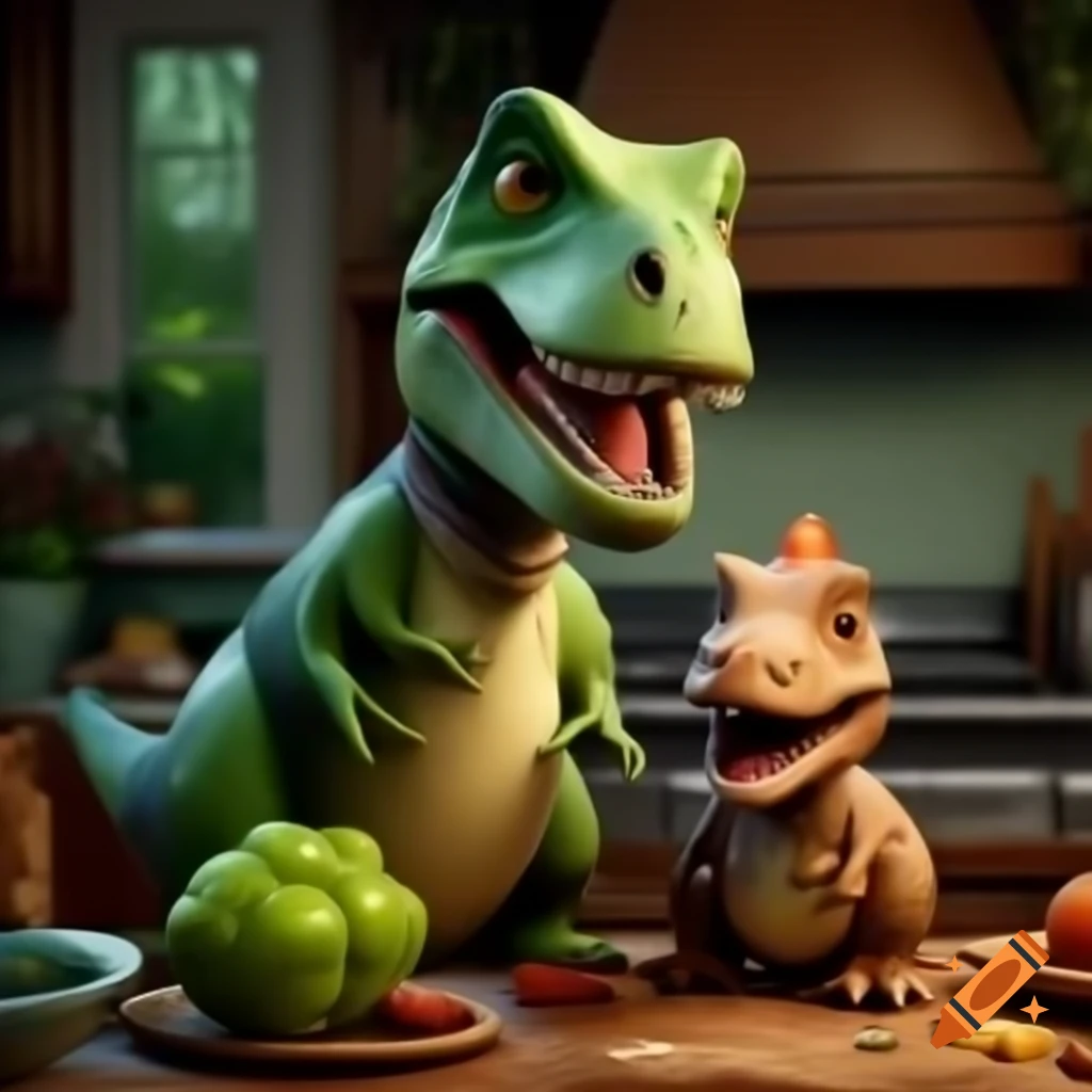 Cartoon green T-Rex dad in apron holding baby dino in family kitchen on ...