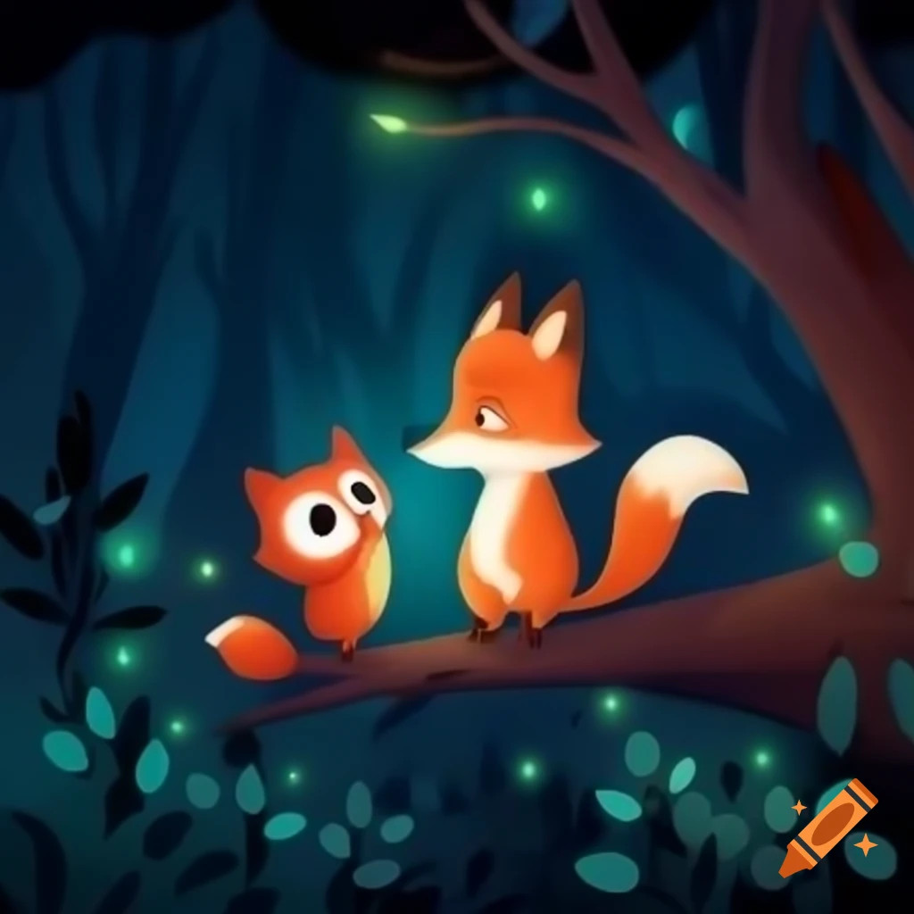 Cute glowing fox talking to shy owl on tree branch in night forest ...