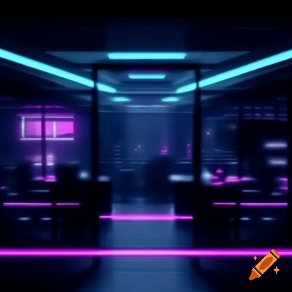 Futuristic cyberpunk office interior with neon lights and a moody ...