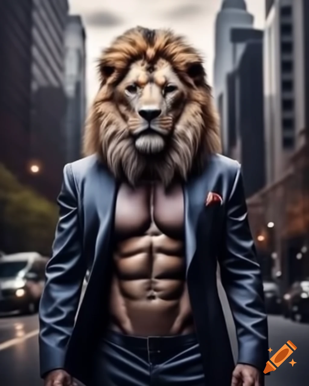 Muscular man with lion face in fitted suit against urban street ...