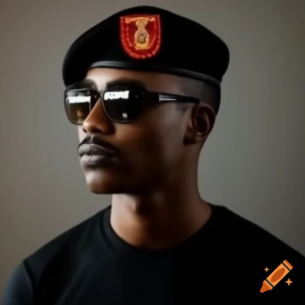 Paramilitary member in black attire with beret and sunglasses on Craiyon