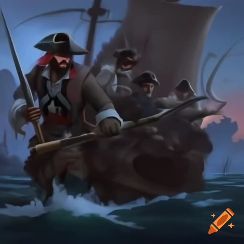 Pirates raiding ship at twilight with swords and rifles, deep hues on ...