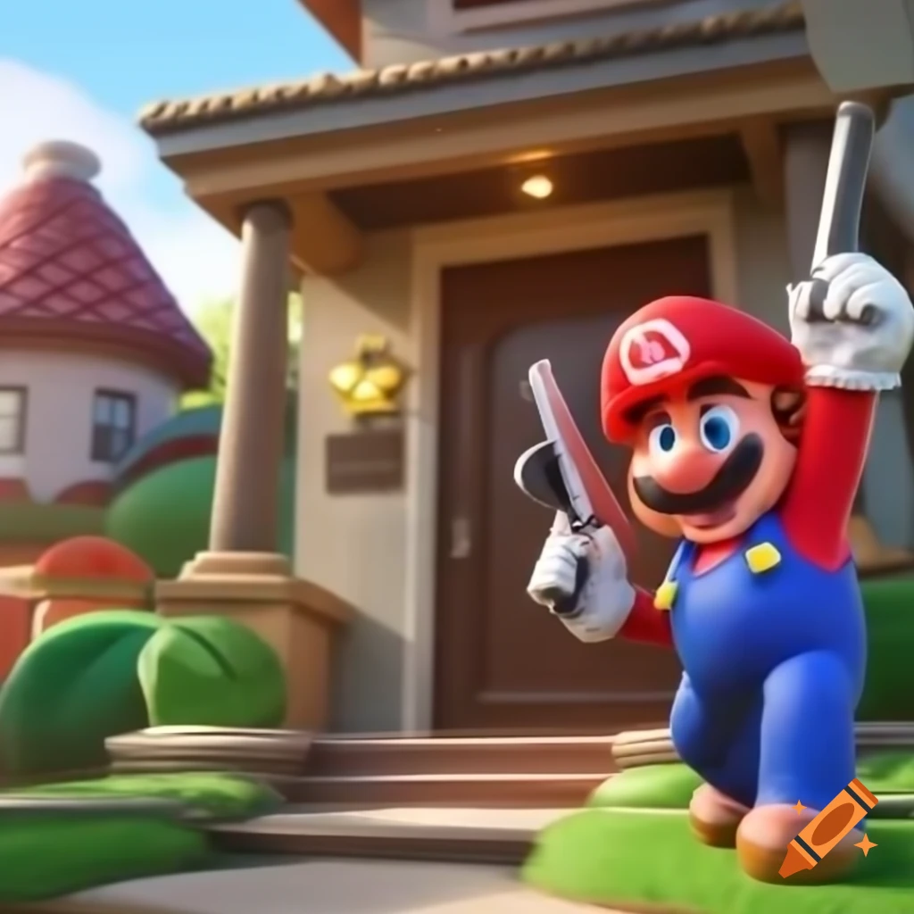 Super Mario in a realistic style standing outside a house with a ...