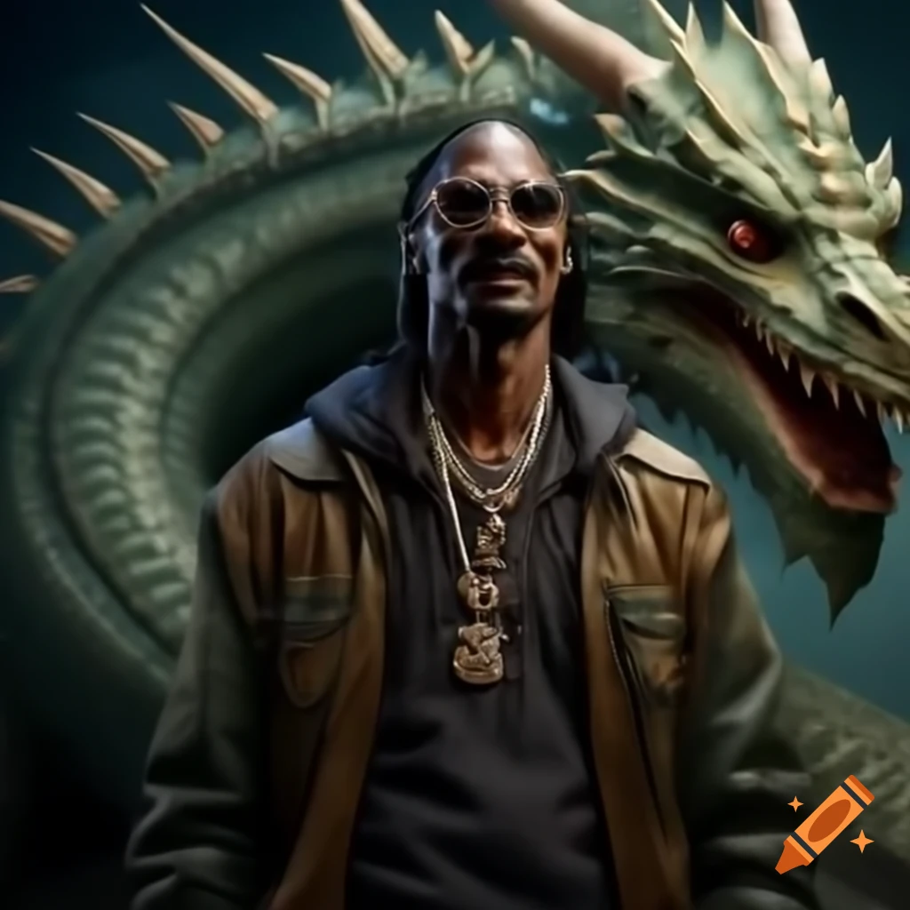 Snoop Dogg riding a dragon in a fantastical setting on Craiyon