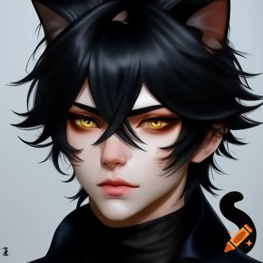 Anime styled catboy with bronze skin, black hair and cat ears, golden ...