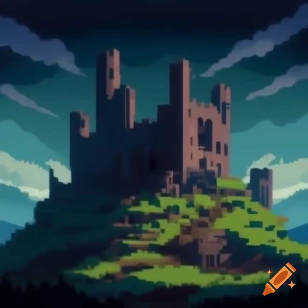 Pixel art of ruined castle on hill under dark sky on Craiyon