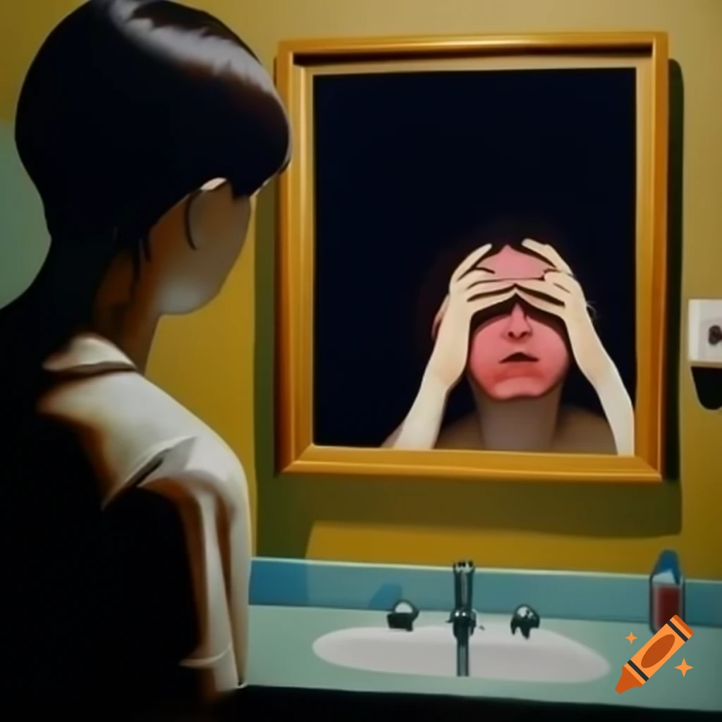 Photorealistic person looking into mirror with distorted reflection on Craiyon