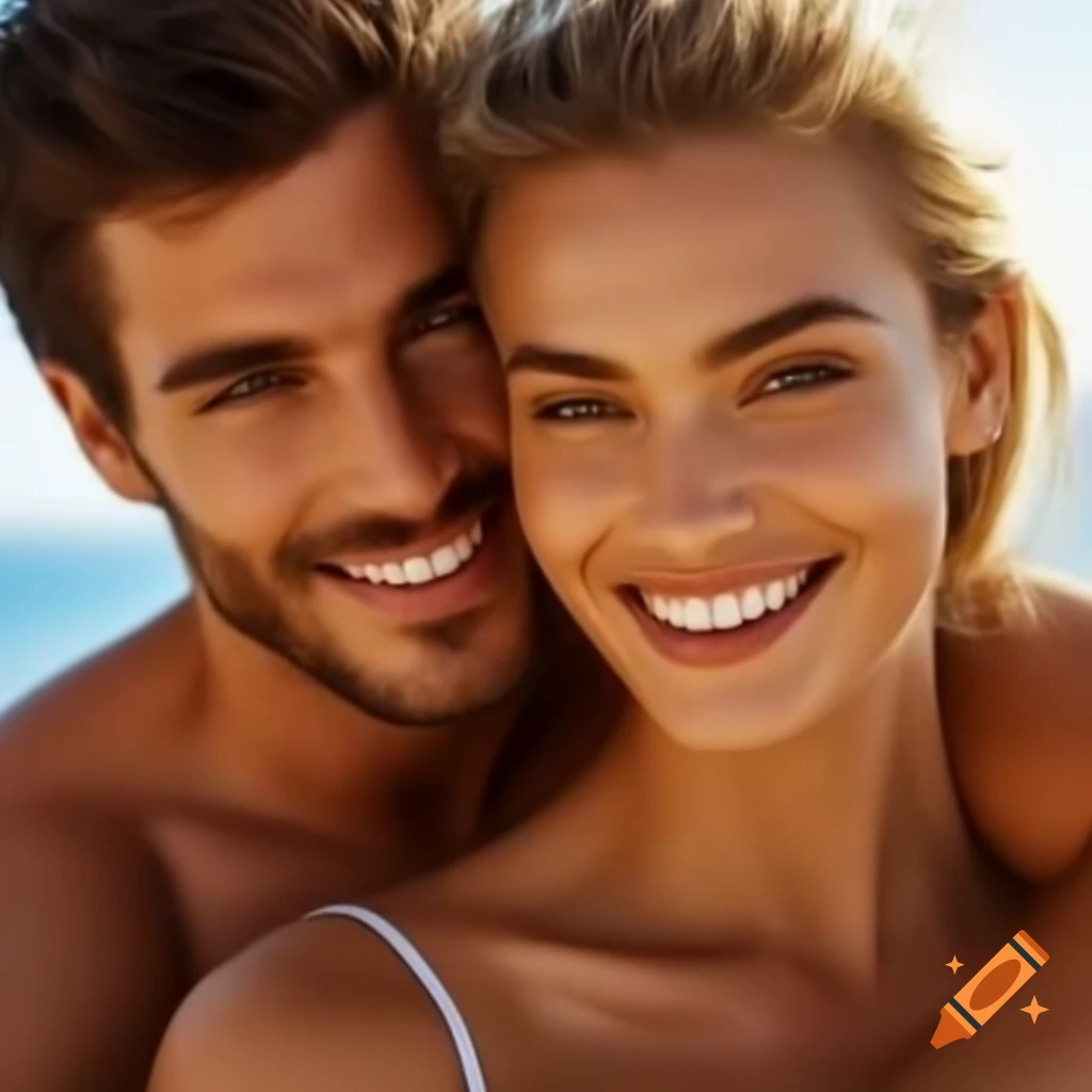 Supermodel couple hugging in Mediterranean sunshine, smiling on Craiyon