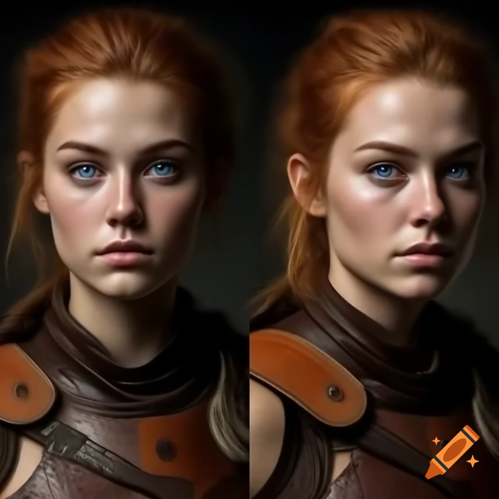 Two warrior women with scars and piercing blue eyes in leather armor on ...