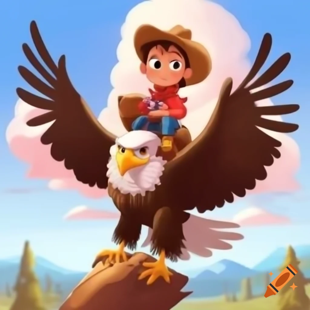 Cute cowboy kid riding an eagle with Soaring Eagle Academy logo on Craiyon