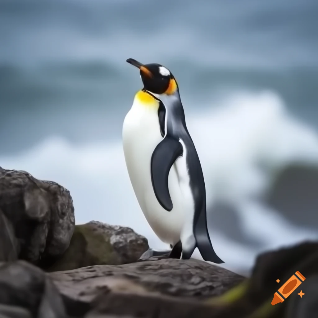 Close-up portrait of Macaroni penguin on windy cliff above crashing ...