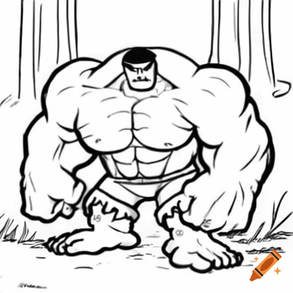 Cartoonish line art illustration of Hulk in powerful stance on Craiyon