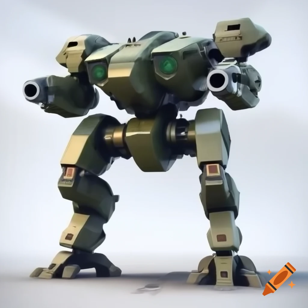 Bulky battle mech with heavy armor and weapon pods, sleek military ...