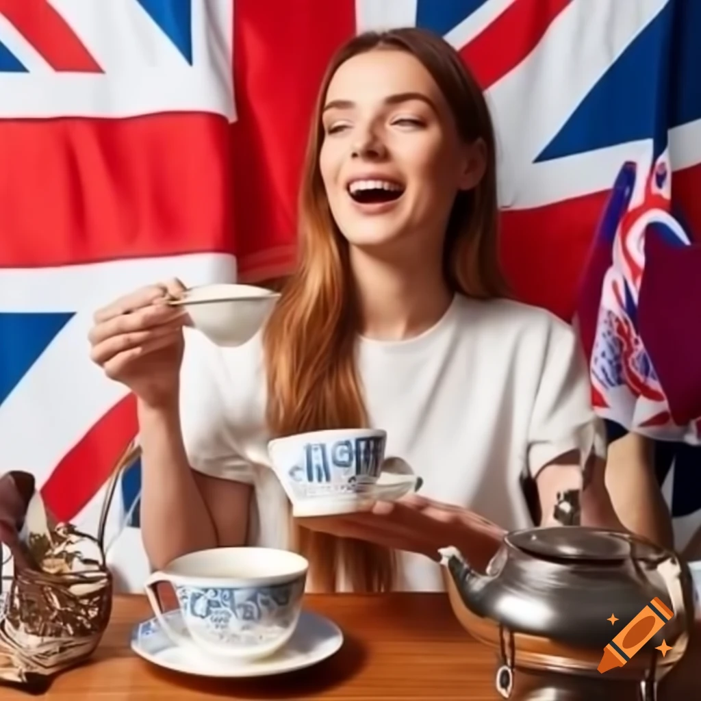 Natalie Imbruglia enjoying tea with a British flag backdrop on Craiyon