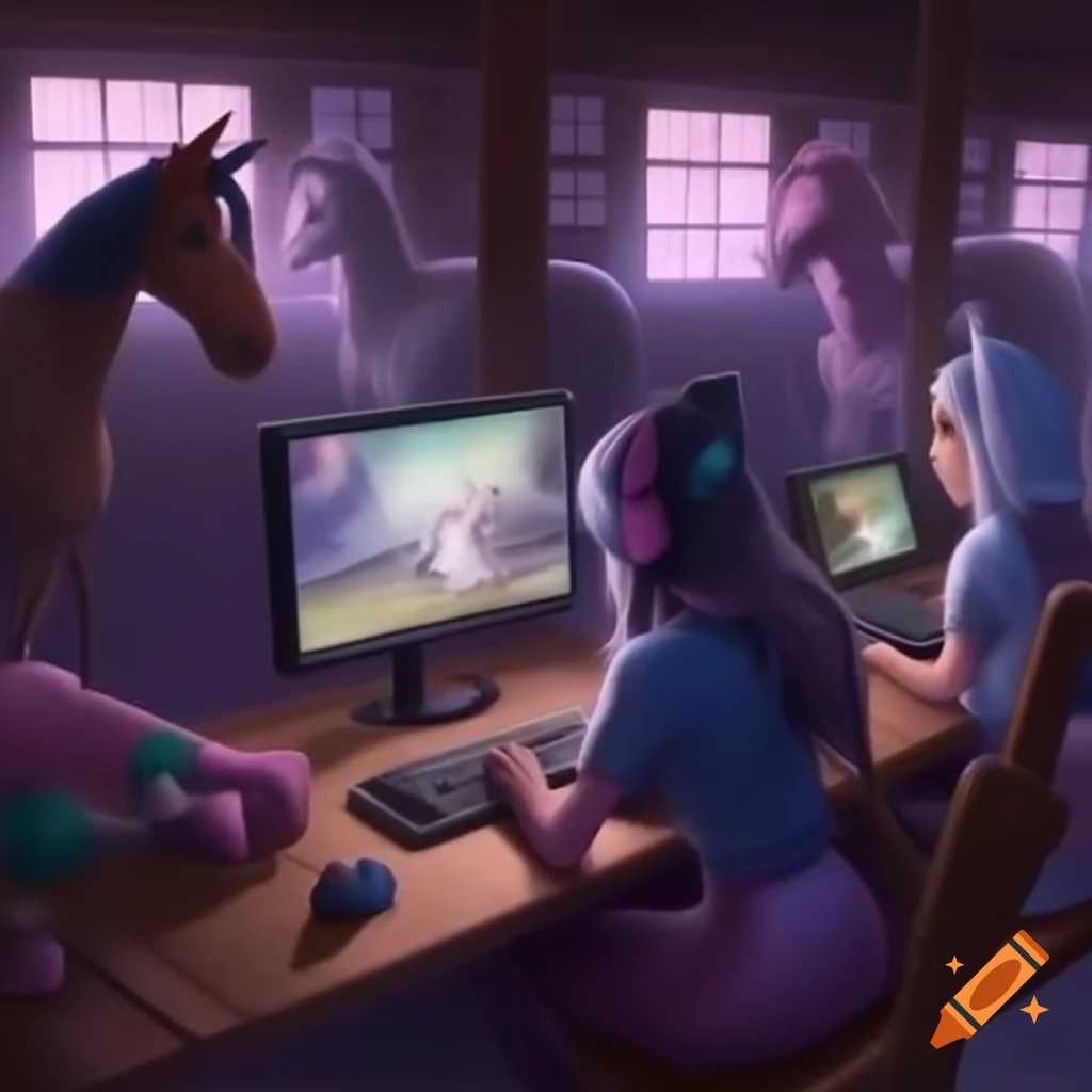 Girl gaming on computer in horse stable with horses and unicorns on Craiyon