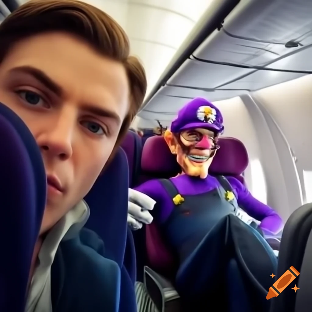 Realistic selfie of a person on airplane with Waluigi character on Craiyon
