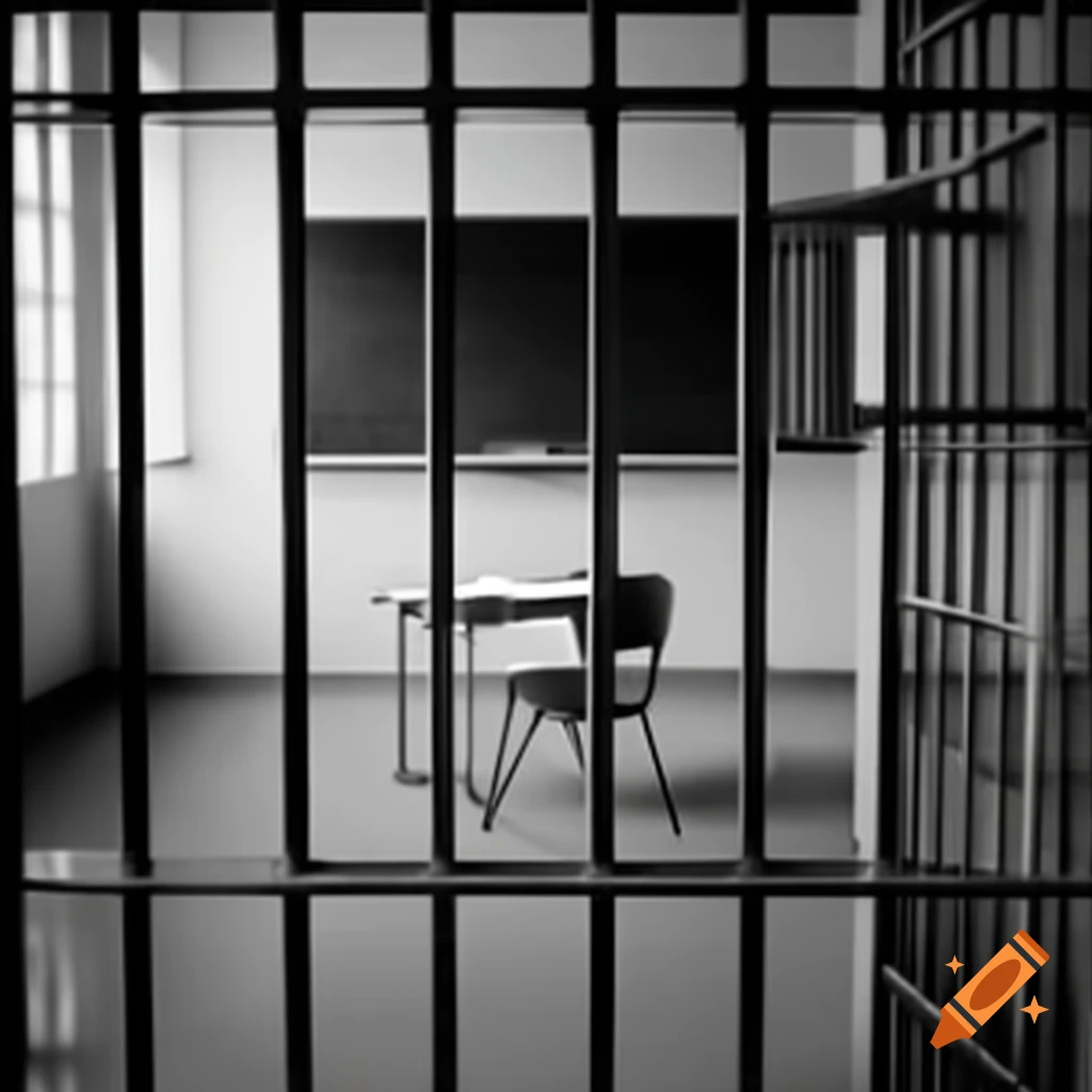 Empty school desk and chair with open book in prison cell on Craiyon