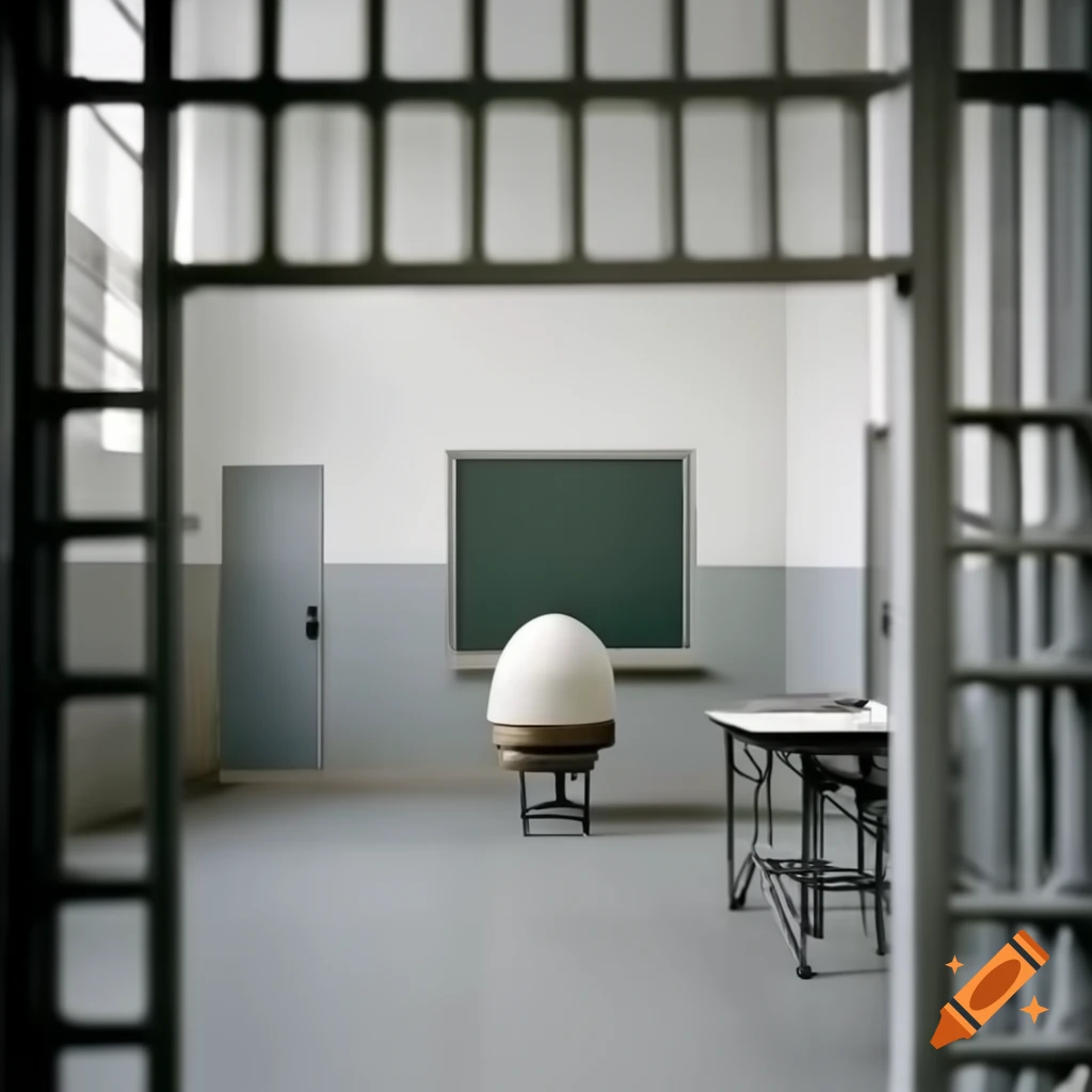 Empty school desk and chair in prison cell with open book and barred ...